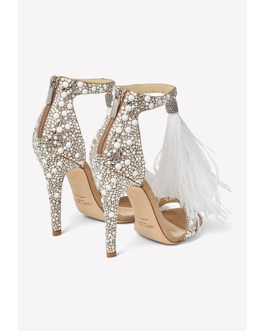 Jimmy Choo Viola 110 Crystal Suede Sandals With Feather Tassel in White ...