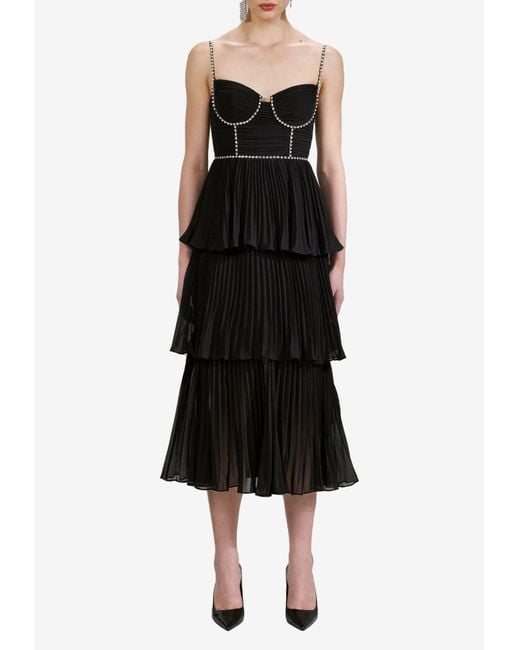 Self Portrait Crystal Tiered Chiffon Midi Dress In Black Lyst Canada