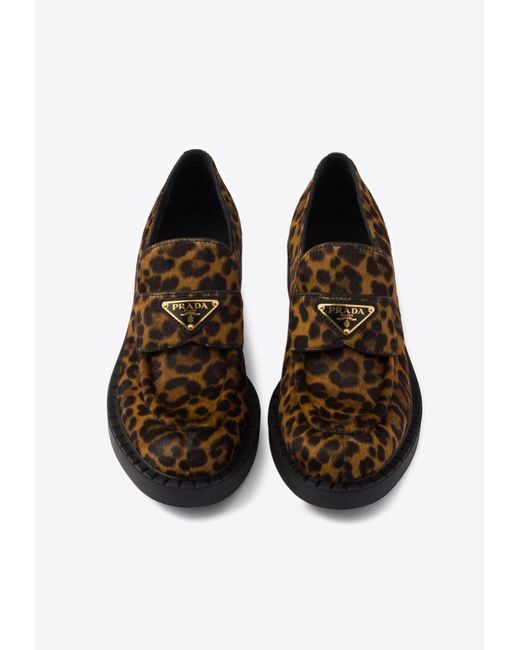 Prada Leopard Print Calf Hair Loafers in Brown | Lyst