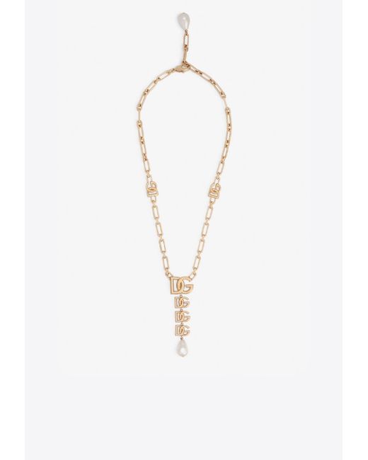 Dolce And Gabbana Dg Logo Necklace With Pearl Detail In Gold Metallic