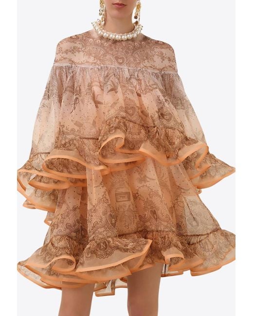 Zimmermann Crush Embellished Mini Silk Dress in Brown | Lyst