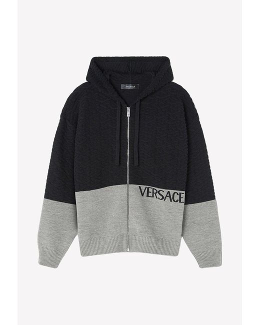 Versace Wool La Greca Logo Zip Up Hoodie In Black For Men Lyst Uk