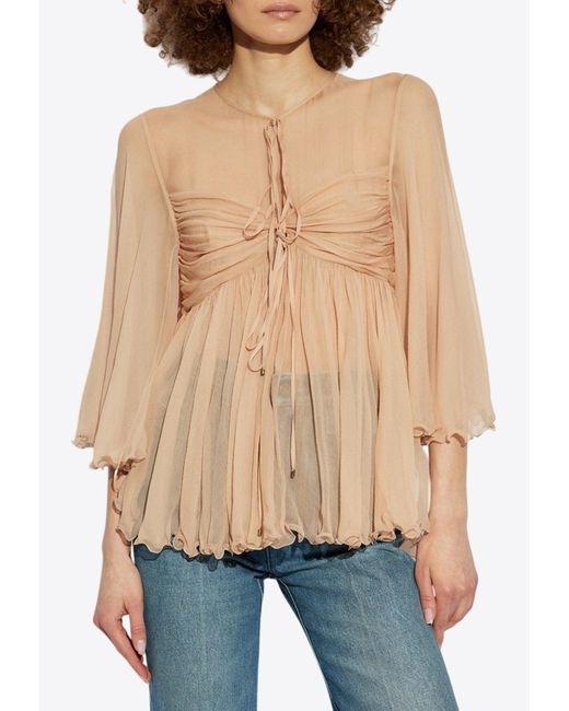 Chloé Semi-Sheer Pleated Silk Blouse in Blue | Lyst