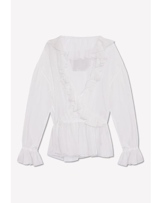 Dolce & Gabbana Semi-Sheer Ruffled Silk Blouse in White | Lyst