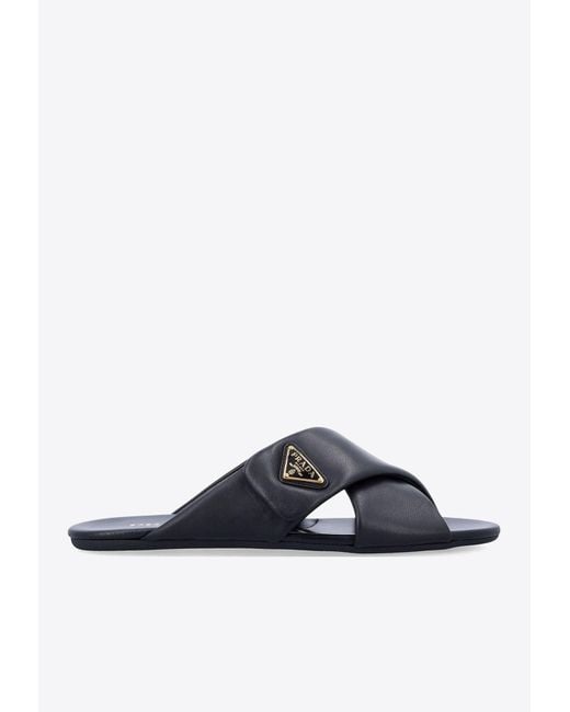 Prada Padded Criss-Cross Leather Slides in White | Lyst