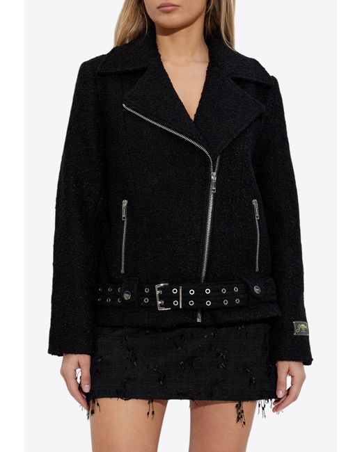 Ganni Boucle Wool Zip-Up Biker Jacket in Black | Lyst