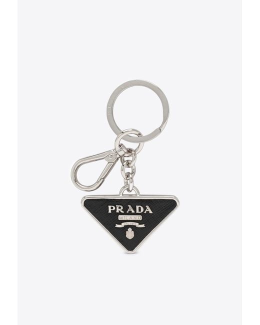Prada Triangle Logo Leather And Metal Key-Ring in White for Men | Lyst