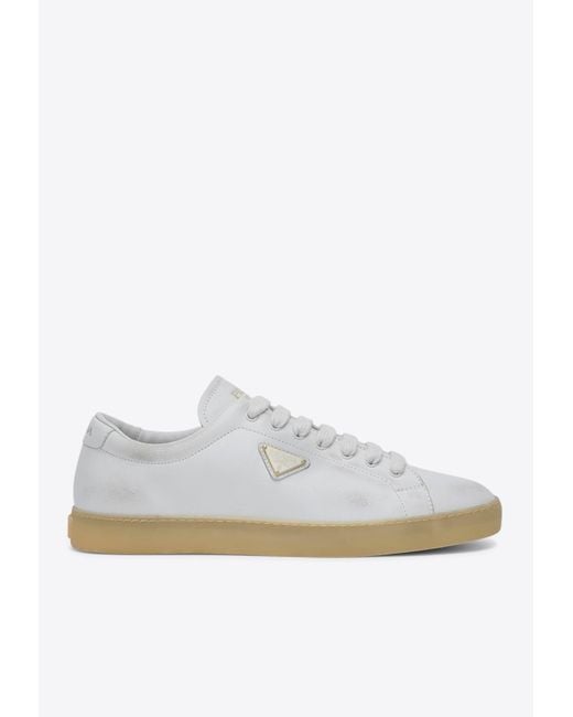 Prada Triangle Logo Worn-Out Effect Sneakers in White for Men | Lyst