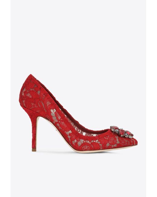 Dolce & Gabbana Bellucci 90 Brooch Lace Pumps in Red | Lyst