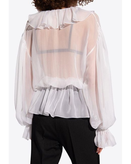Dolce & Gabbana Semi-Sheer Ruffled Silk Blouse in White | Lyst