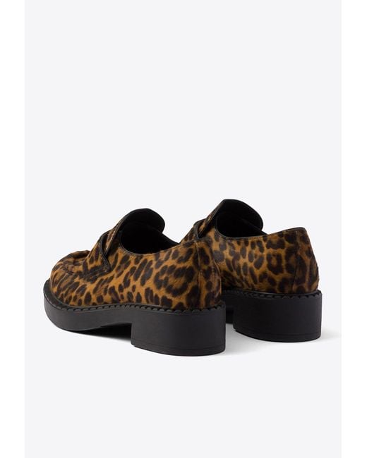 Prada Leopard Print Calf Hair Loafers in Brown | Lyst