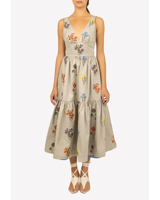 Silvia Tcherassi Cotton Dorotea Floral Embroidered Midi Dress In Grey