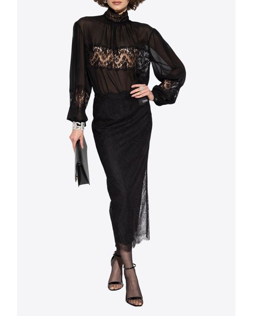 Dolce And Gabbana Lace Detailed Turtleneck Silk Blouse In Black Lyst