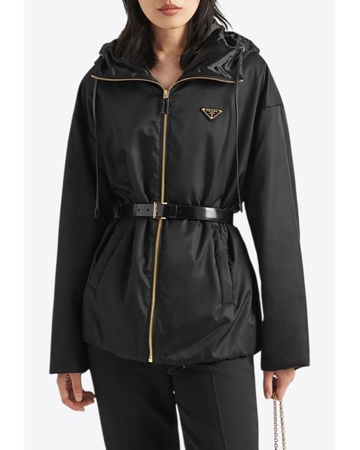 Prada Triangle Logo Re-Nylon Belted Padded Jacket in Black | Lyst