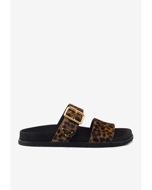 Prada Triangle Logo Leopard Print Flat Sandals in White | Lyst