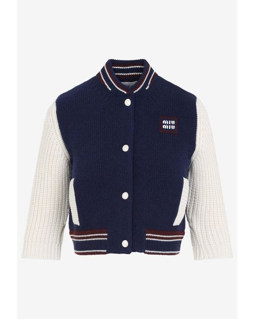 Miu Miu Logo Wool Bomber Jacket in Blue | Lyst