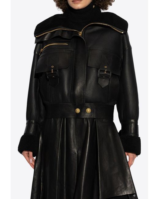 Balmain Shearling And Leather Jacket in Black | Lyst