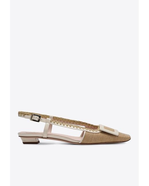 Roger Vivier Belle Vivier Woven-Raffia Slingback Flats in White | Lyst
