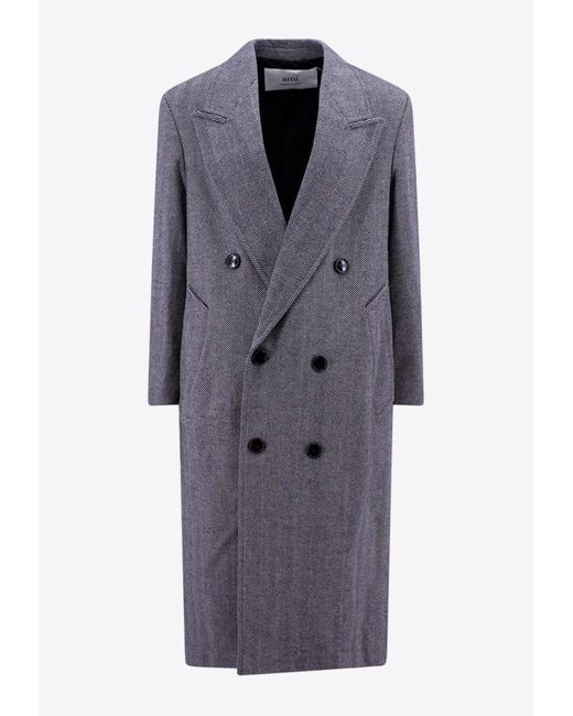 Ami Paris Herringbone Wool Double-Breasted Coat in Gray for Men | Lyst