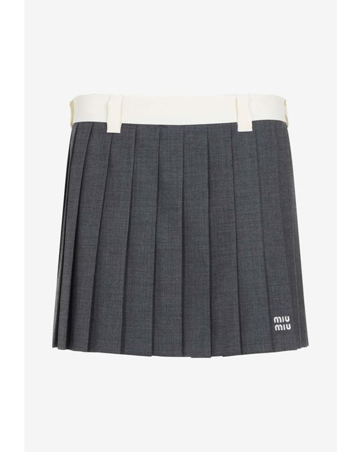 Miu Miu Logo Wool Pleated Mini Skirt in Gray | Lyst Miu Miu Logo Wool Pleated Mini Skirt in Gray | Lyst