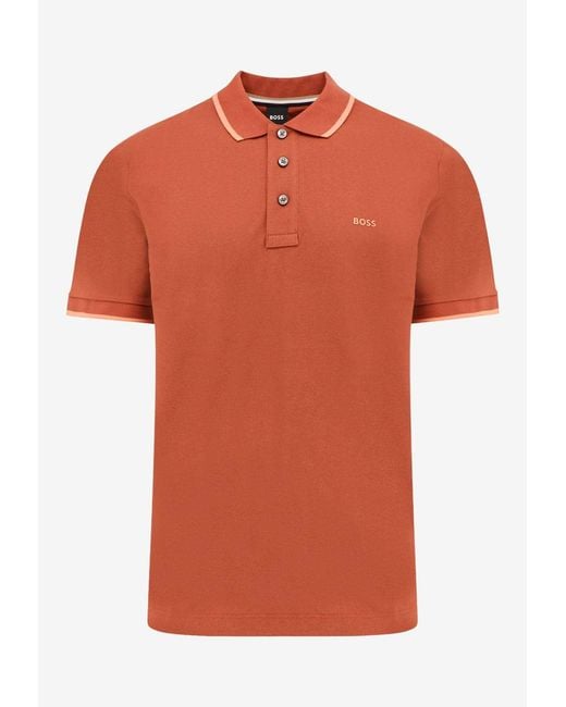 BOSS Logo Embroidered Polo T-Shirt in Orange for Men | Lyst