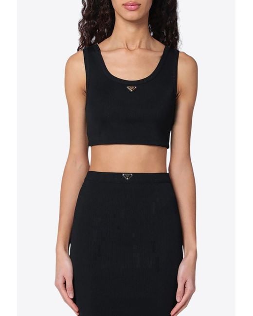 Prada Triangle Logo Ribbed Jersey Crop Top in Black | Lyst