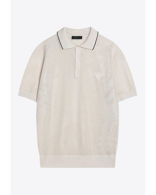 Prada Triangle Logo Perforated Polo T-Shirt in White for Men | Lyst