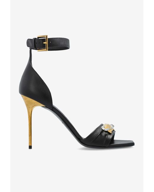 Balmain 110 Safety Pin Leather Sandals in Black | Lyst