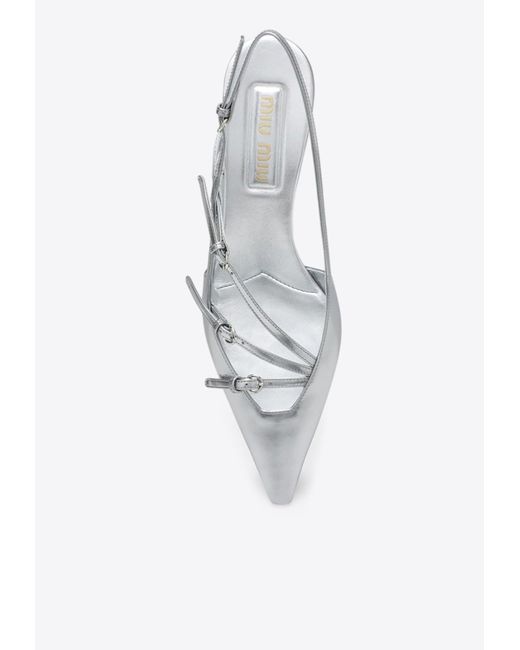 Miu Miu 55 Metallic Leather Slingback Pumps in White | Lyst