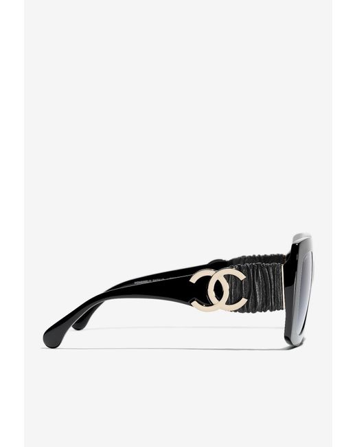 Chanel Wide Temple Logo Rectangular Sunglasses in Black | Lyst