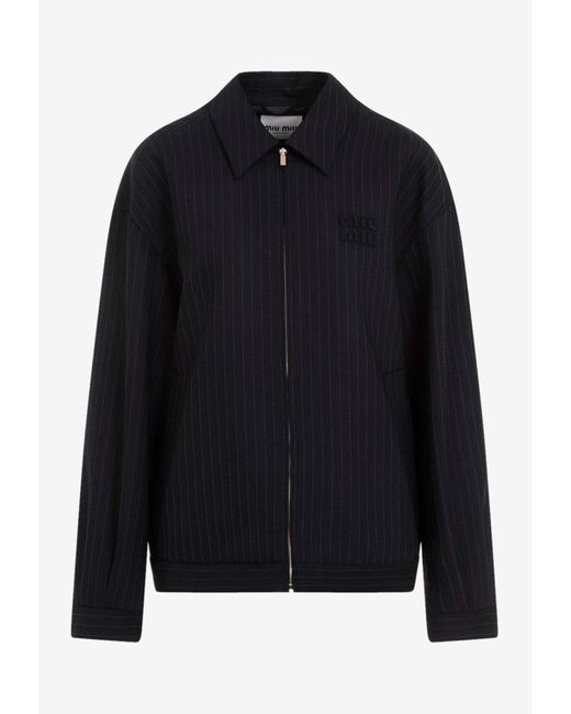 Miu Miu Pinstripe Wool Zip-Up Jacket in Blue | Lyst