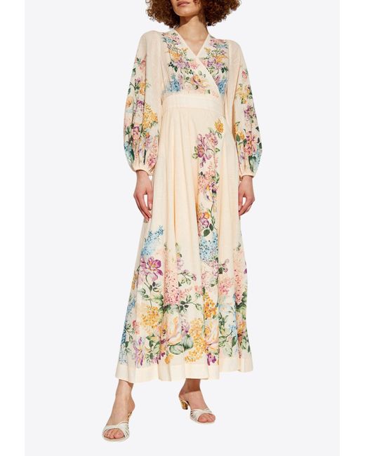 Zimmermann Halliday Floral Print Wrap Midi Dress in Natural | Lyst