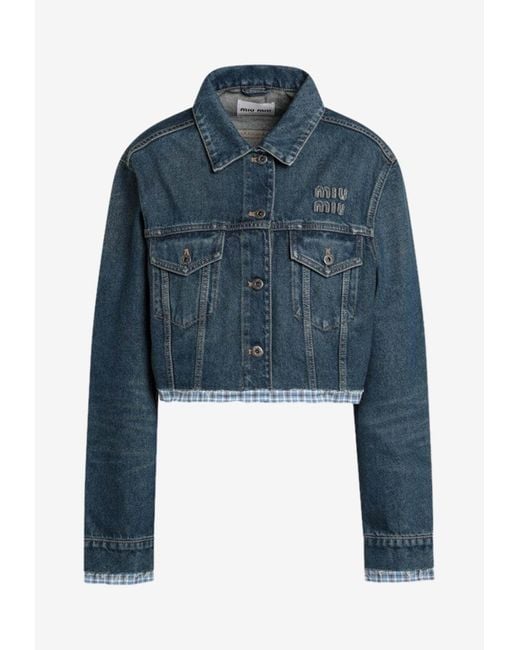 Miu Miu Logo Patch Cropped Denim Jackets in Blue | Lyst