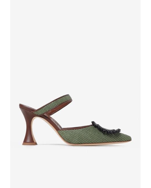 Manolo Blahnik Atika 90 Raffia Pointed Mules in Green | Lyst