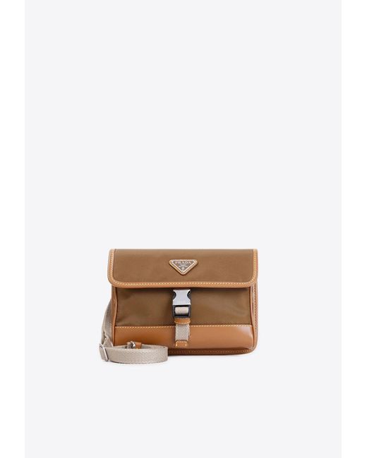 Prada Triangle Logo Leather-Trimmed Messenger Bag in White for Men | Lyst