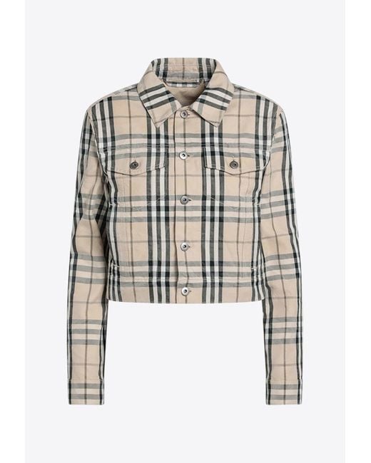 Burberry Vintage Check Cropped Denim Jacket in White | Lyst