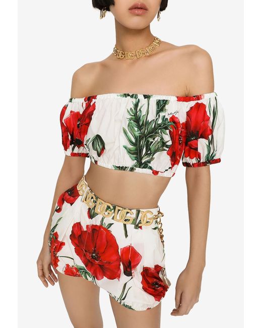 Dolce And Gabbana Poppy Print Cropped Top In Red Lyst