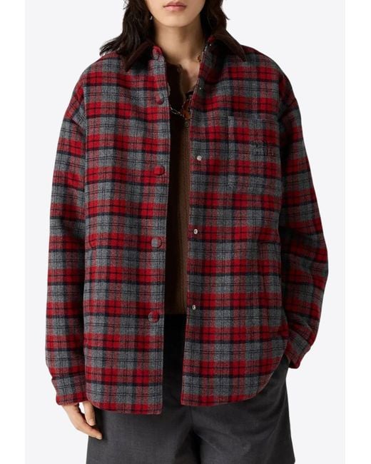 Miu Miu Tartan Check Wool Padded Jacket in Red | Lyst