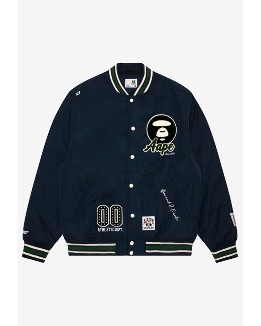 Aape Moonface Logo Varsity Bomber Jacket in Blue for Men | Lyst