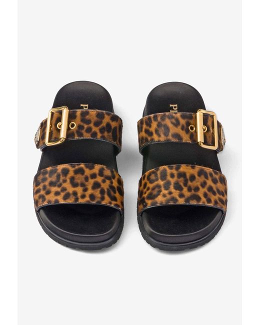 Prada Triangle Logo Leopard Print Flat Sandals in White | Lyst