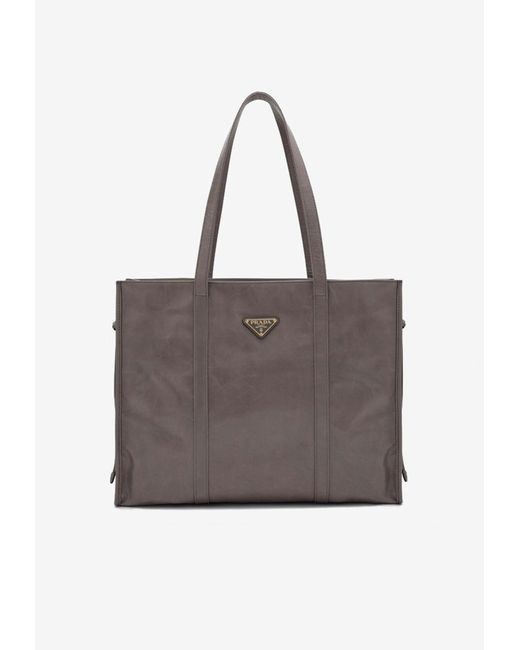 Prada Large Leather Tote Bag in Gray | Lyst
