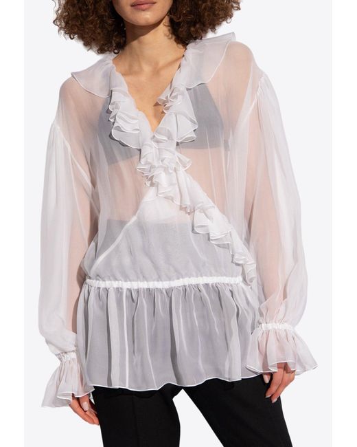 Dolce & Gabbana Semi-Sheer Ruffled Silk Blouse in White | Lyst