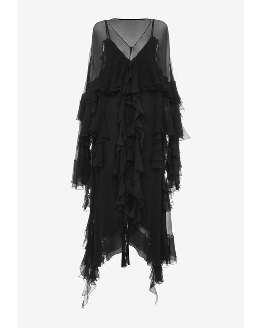 Chloé Semi-Sheer Ruffled Maxi Dress in Black | Lyst