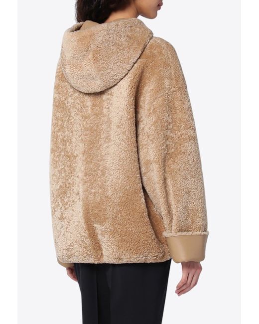 Prada Triangle Logo Shearling Jacket in Natural | Lyst