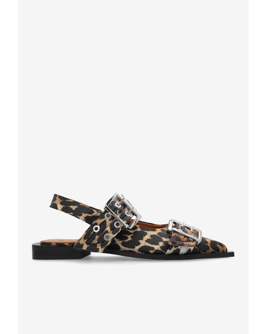 Ganni Leopard Print Buckled Slingback Flats in White | Lyst