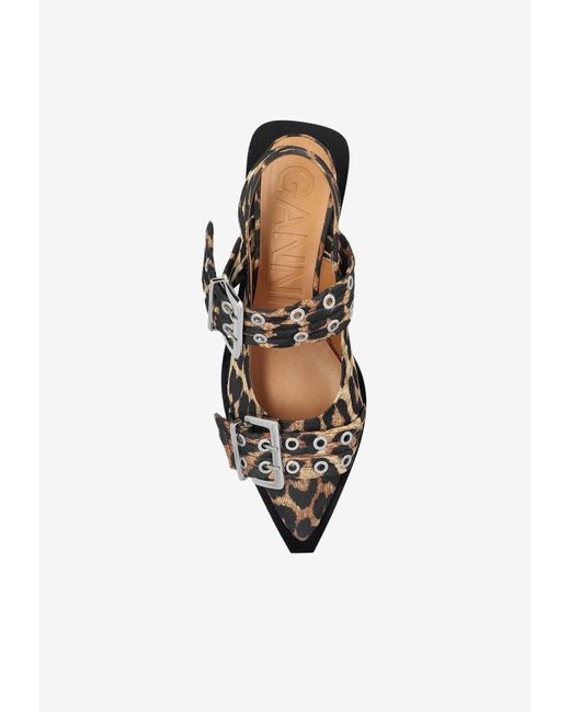 Ganni Leopard Print Buckled Slingback Flats in White | Lyst