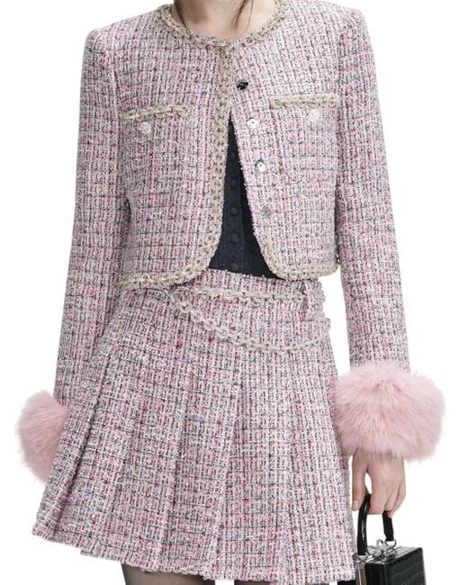 Self-Portrait Jacket With Bouclé Fur Cuffs in White | Lyst