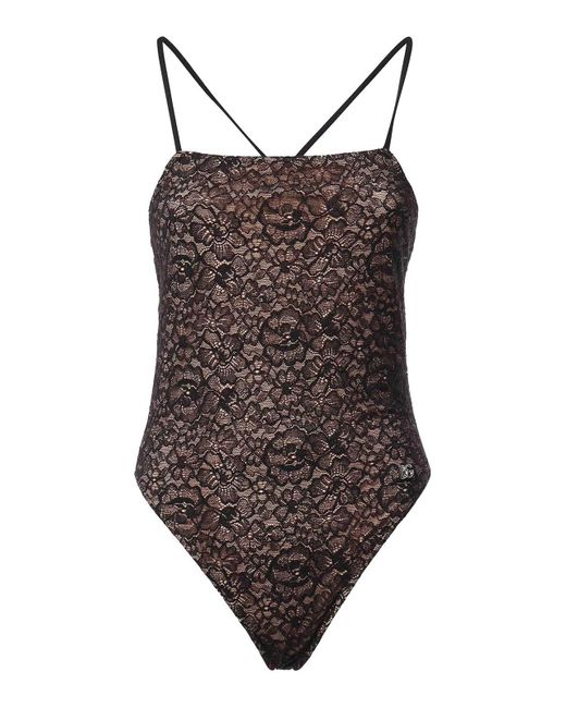 Dolce & Gabbana Lace Overlay One-Piece Swimsuit in Brown | Lyst