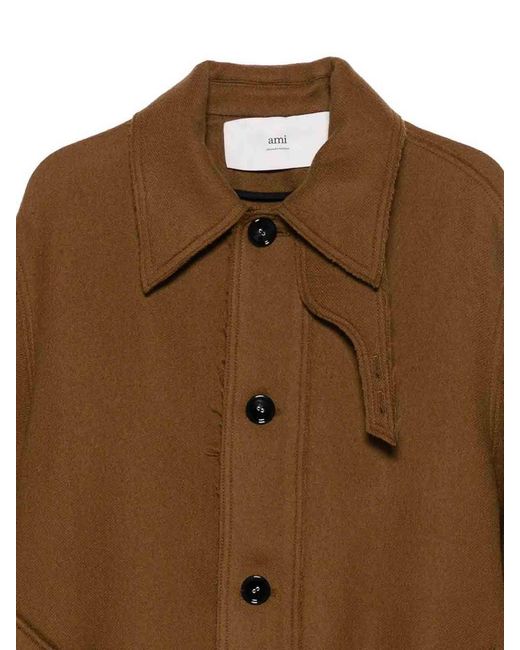 Ami Paris Wool Coat in Natural | Lyst UK