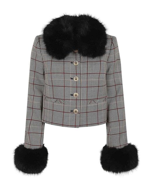 Self-Portrait Check Fur Cuff Jacket in Black | Lyst UK